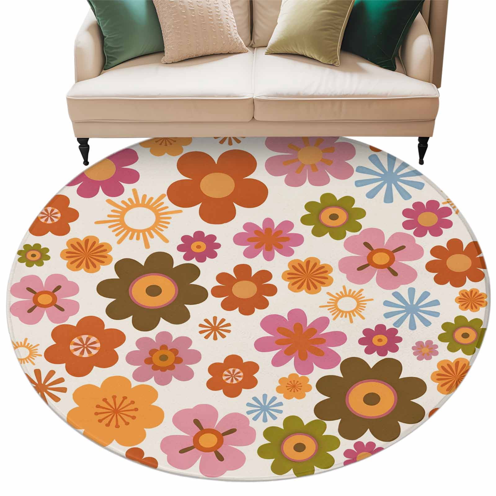 Bohemia Floral Round Area Rugs Collection 8', Vintage Orange Pink ...