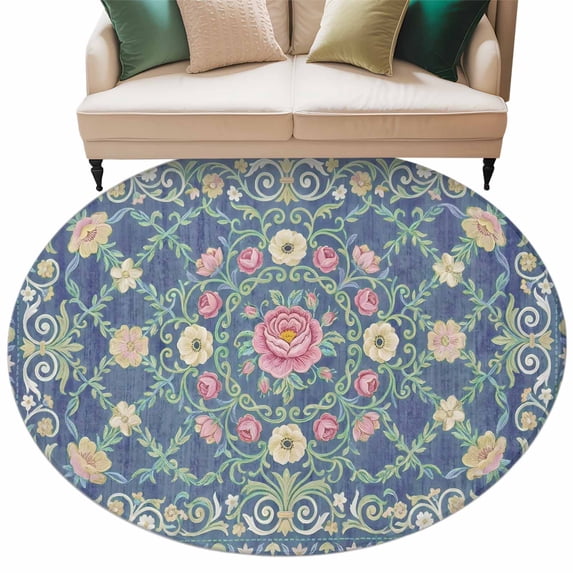 Bohemia Floral Round Rug 7ft Washable Circle Rugs Non Slip Watercolor ...