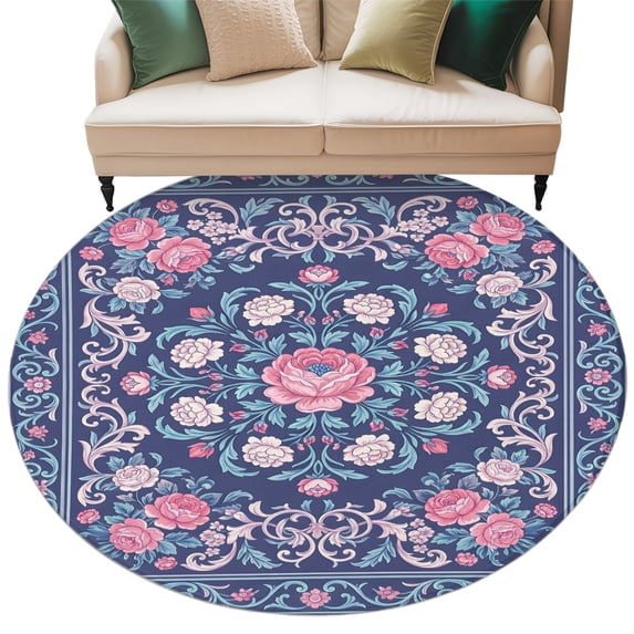 Bohemia Floral Round Rug 8ft Washable Circle Rugs Non Slip Vintage ...