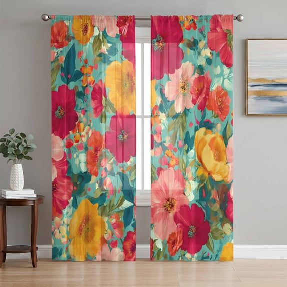Bohemia Floral Sheer Curtains 96 Inch Length 2 Panels Set, Modern ...