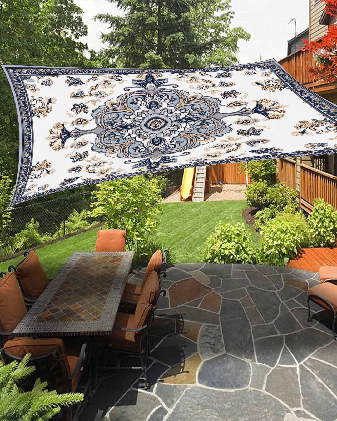 Bohemia Floral Sun Shade Sail 6.5'X10' Blue Retro Boho Ethnic Farmhouse ...