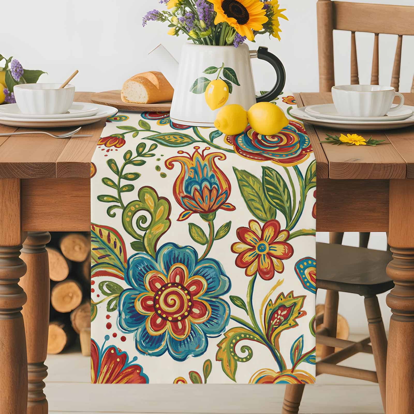 Bohemia Floral Table Runner 13x90 Inch Vintage Pesley Blue Flowers Leaf ...