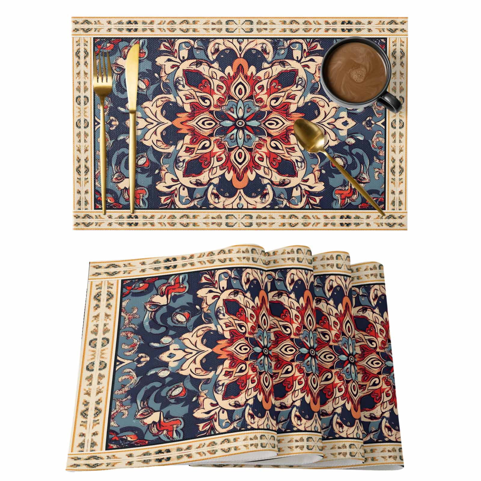 Bohemia Flower Placemats Set of 8, Vintage Boho Ethnic Farmhouse Orange ...