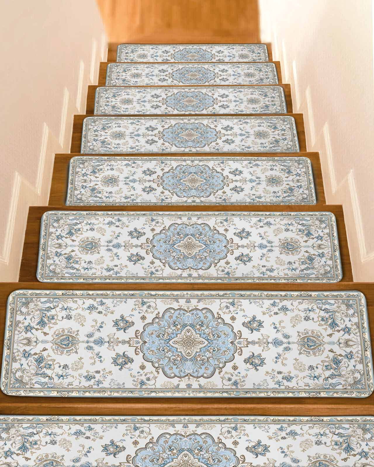 Bohemia Flower Stair Treads Non Slip for Steps Blue Retro Boho Ethnic ...
