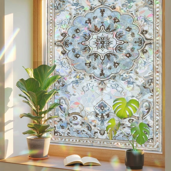 Bohemia Flower Window Privacy Film, Vintage Boho Ethnic Farmhouse Blue ...