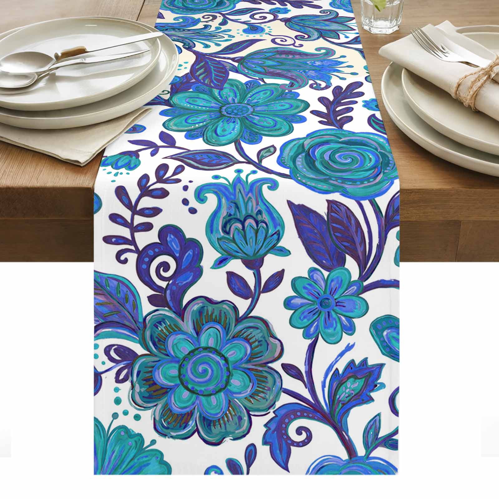 Bohemia Flowers Cotton Linen Table Runner Vintage Pesley Blue Floral ...