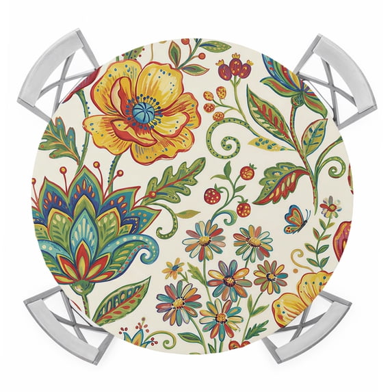 Bohemia Flowers Round Table Cover, Color Vintage Pesley Floral Leaf ...