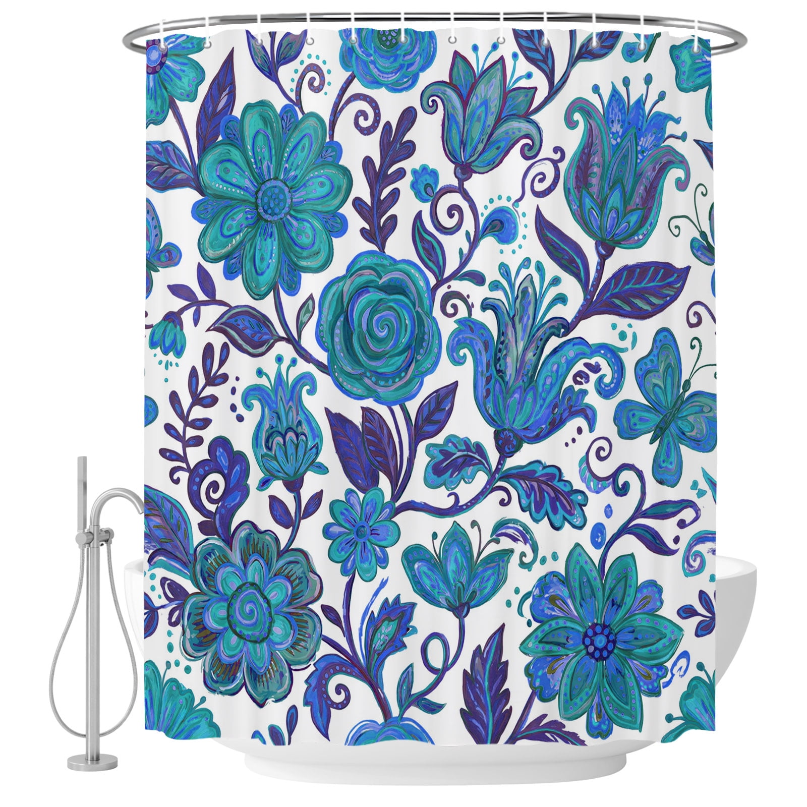 Bohemia Flowers Shower Curtain Set with Hooks, Vintage Pesley Blue ...