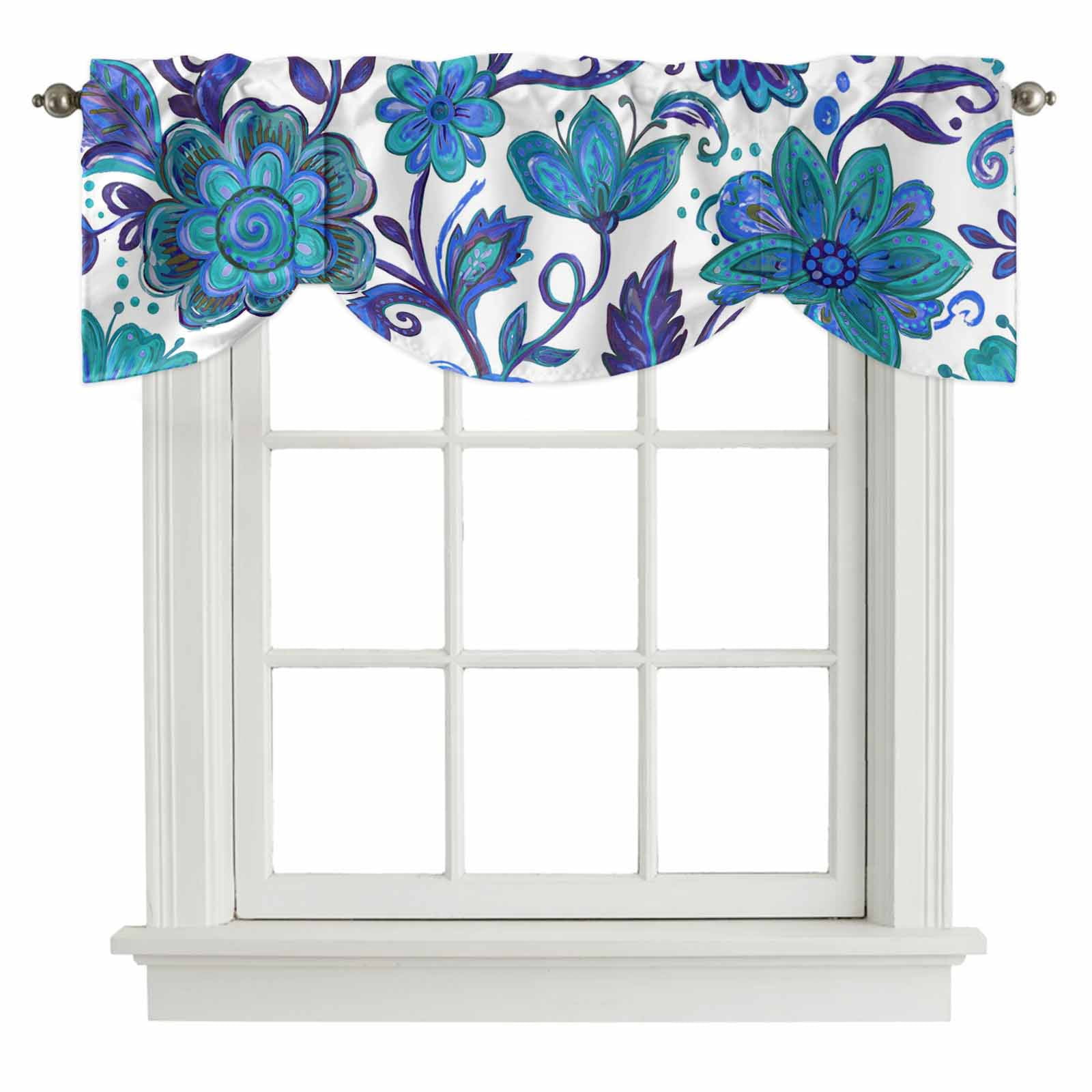 Bohemia Flowers Tie Up Valance Curtains Vintage Pesley Blue Floral Leaf ...