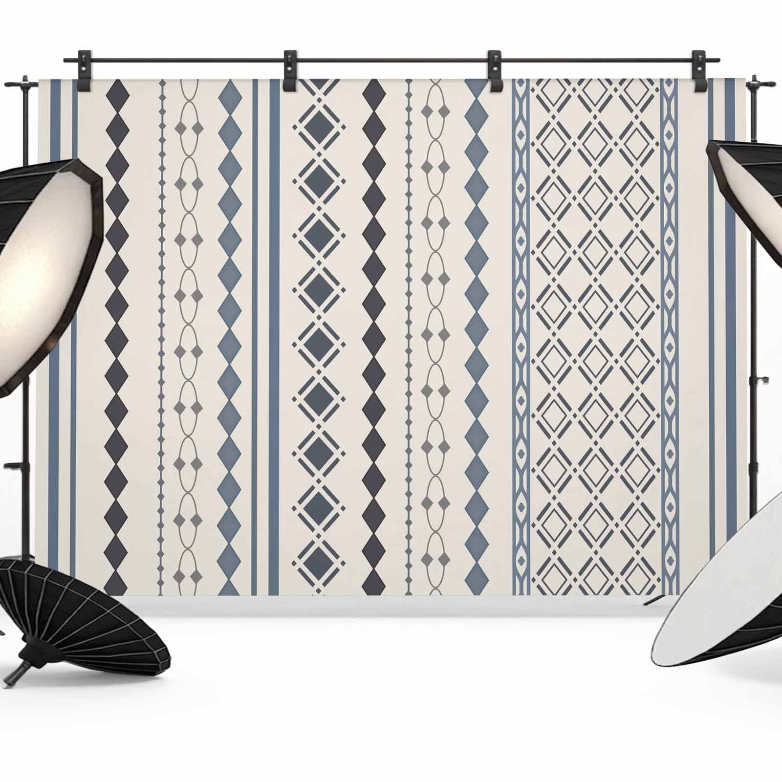 Bohemia Geometric Backdrop for Photography, Beige Grey Blue Stripe ...