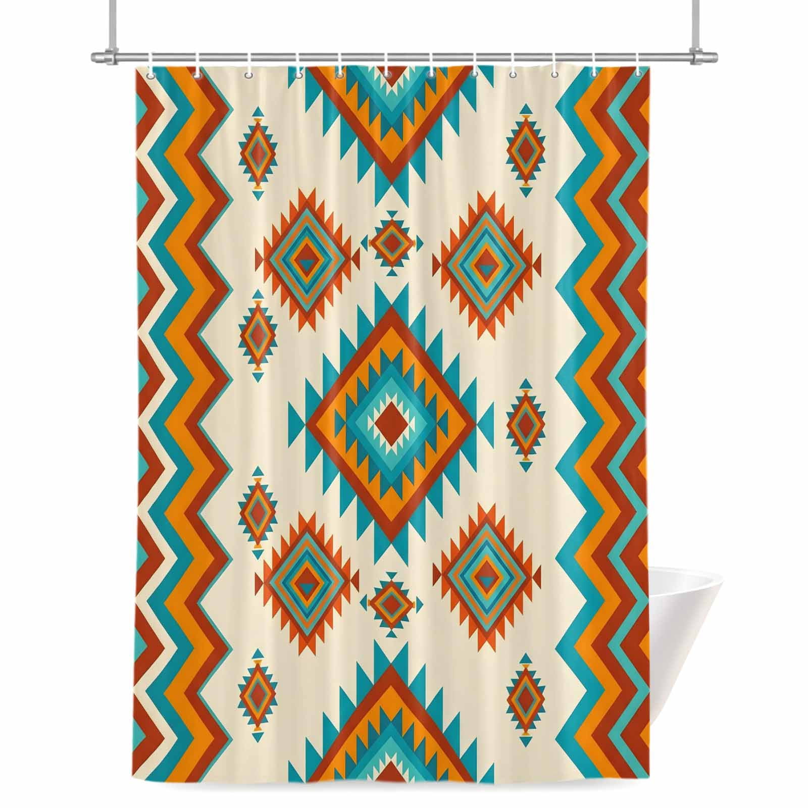 Bohemia Geometric Shower Curtain, Western Teal Orange Beige Aztec ...