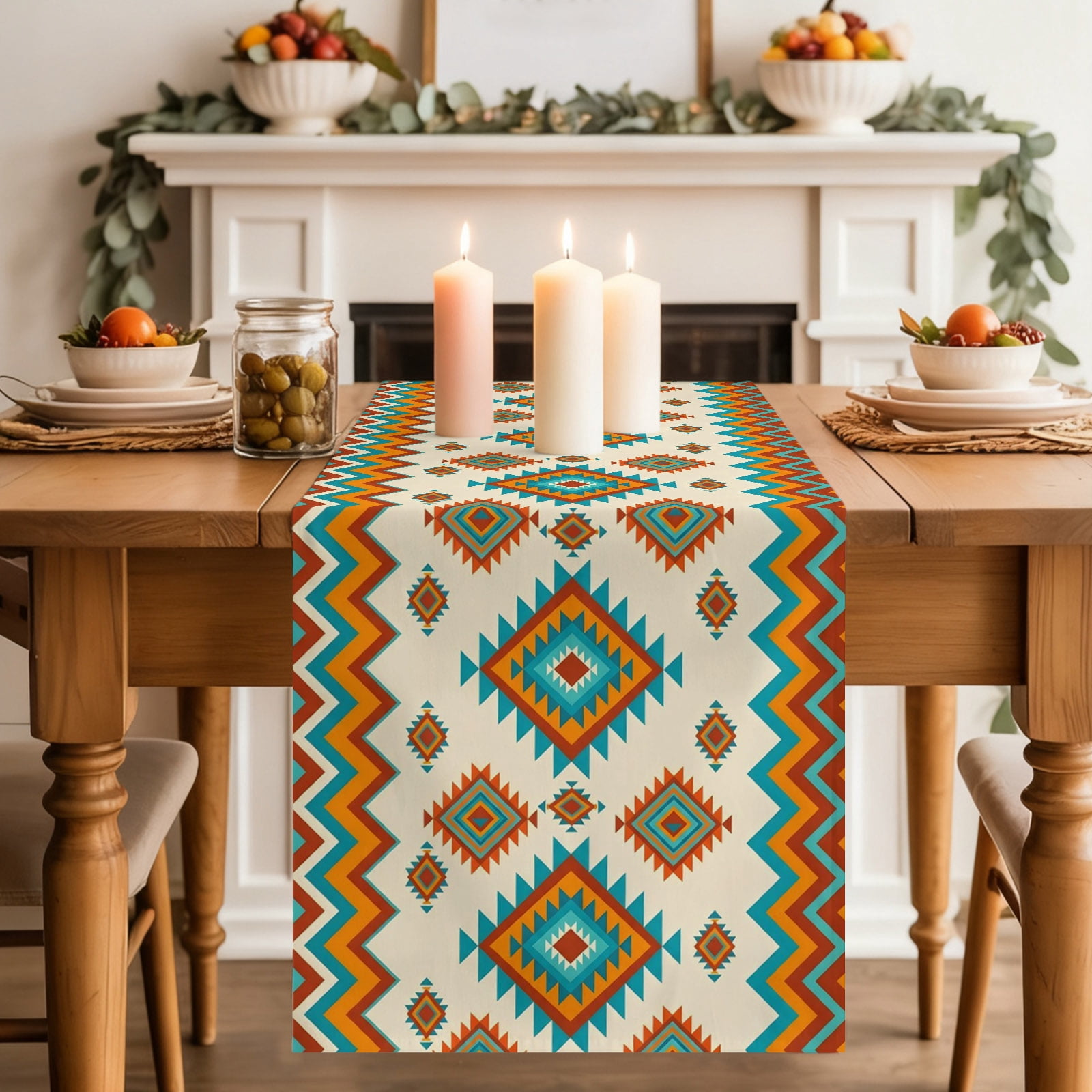 Bohemia Geometric Table Runner, Western Teal Orange Beige Aztec Ethnic ...