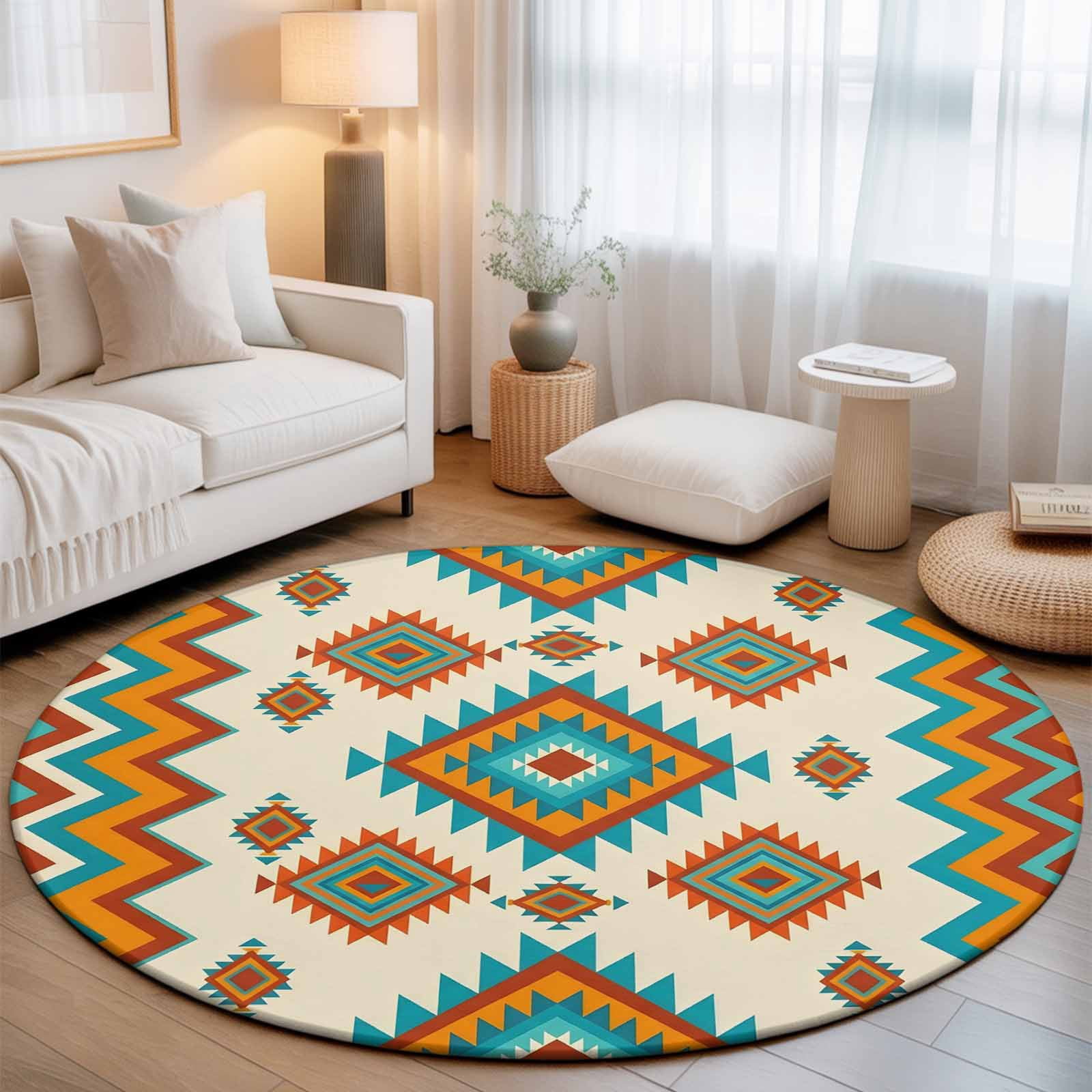 Bohemia Geometric Washable Round Area Rug 8 ft, Western Teal Orange ...