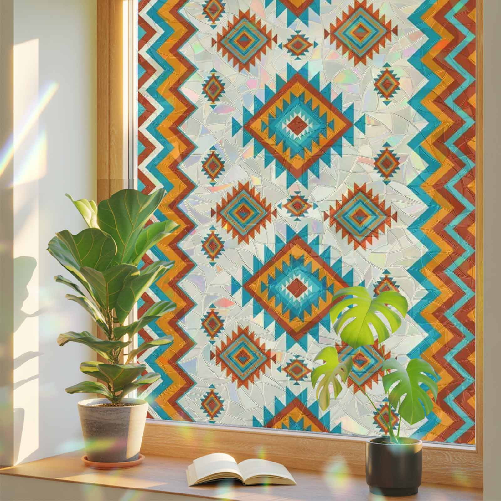 Bohemia Geometric Window Privacy Film, Western Teal Orange Beige Aztec ...