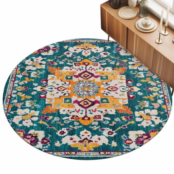 Bohemia Green Area Rug, Retro Boho Ethnic Farmhouse Flower Pattern Non ...