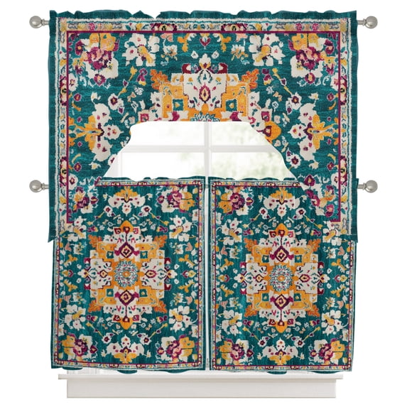 Bohemia Green Swag Valance and Tier Set of 3, Retro Boho Ethnic ...