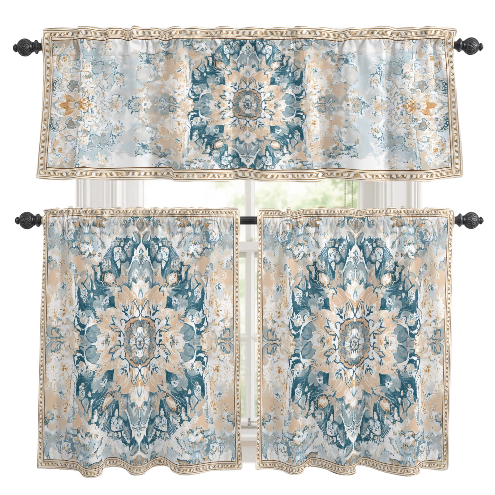 Bohemia Kitchen Curtains Set for Windows, Blue Vintage Boho Ethnic ...