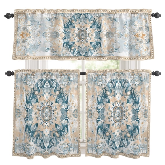 Bohemia Kitchen Curtains Set for Windows, Blue Vintage Boho Ethnic ...