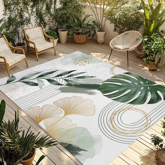 Bohemia Leaf Outdoor Rug, Boho Abstract Botanical Green Monstera Leaf ...