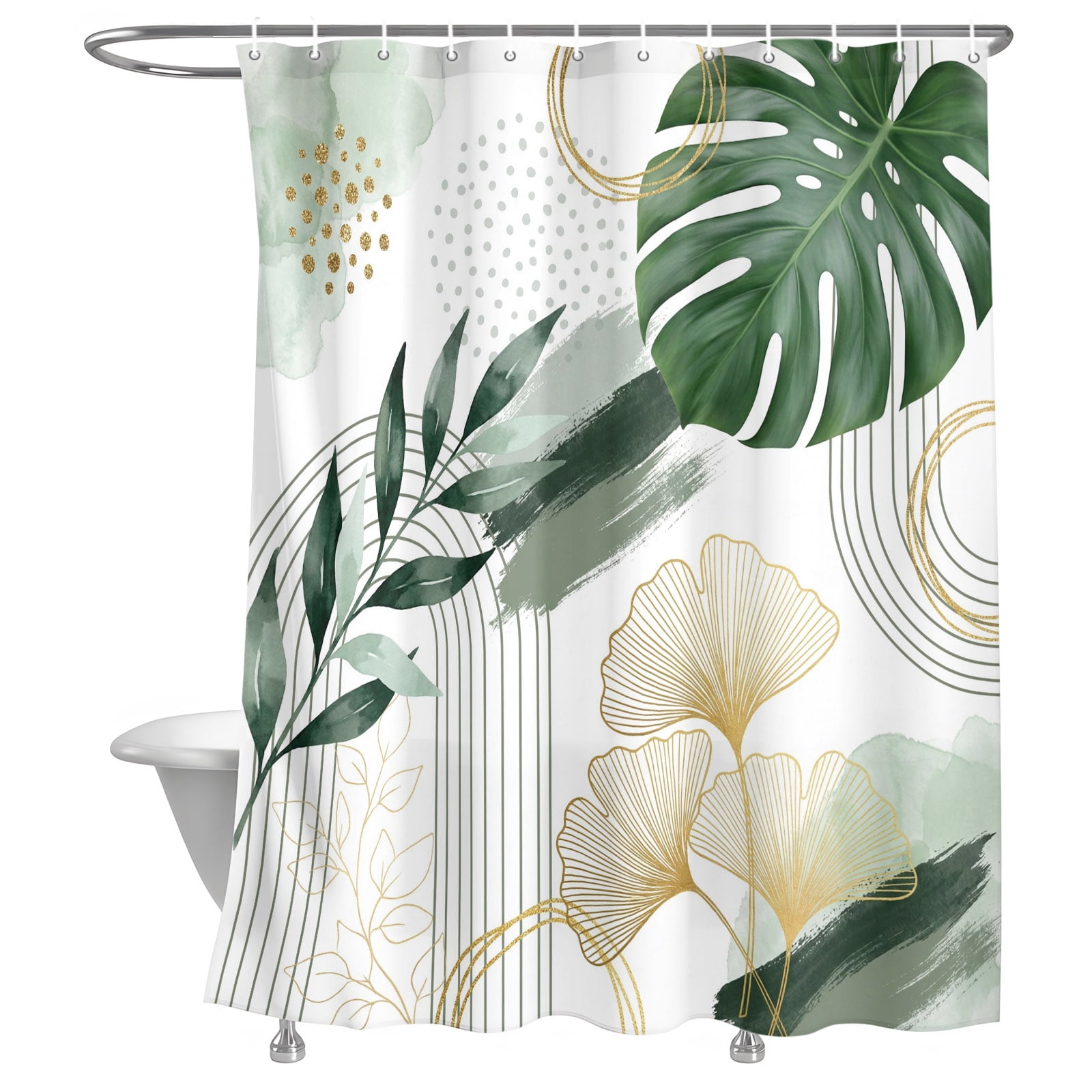 Bohemia Leaf Shower Curtain, Boho Abstract Botanical Green Monstera ...