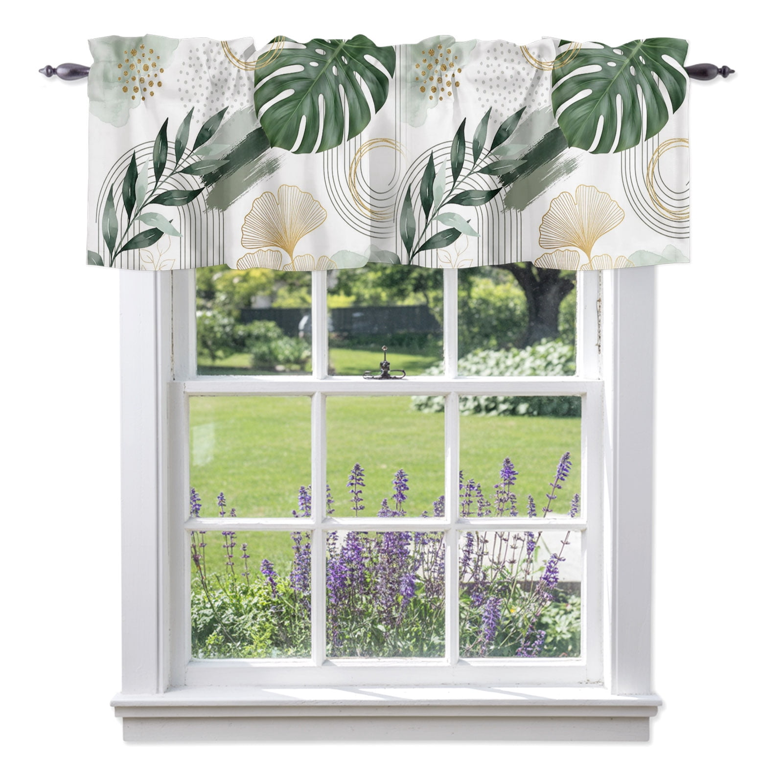 Bohemia Leaf Valance Curtain 1 Panel, Boho Abstract Botanical Green ...