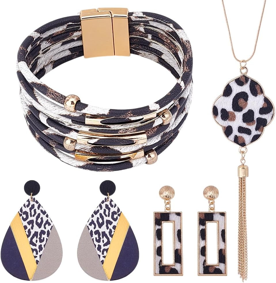 Bohemia Leopard Jewelry Set Leopard Print Necklace Multilayer Leather ...