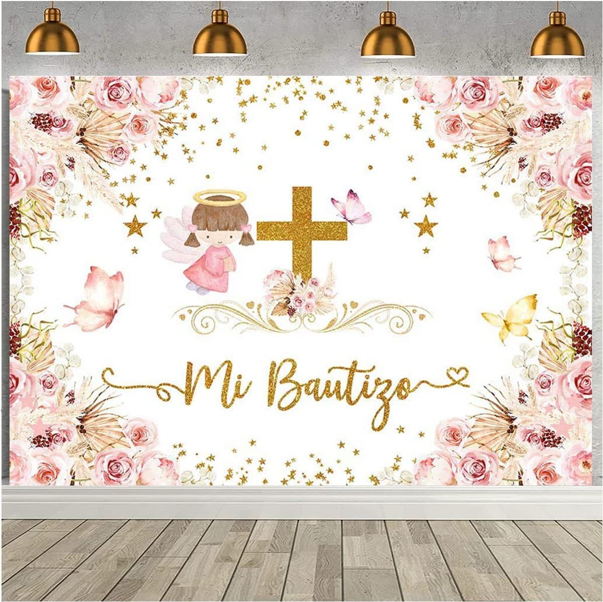 Bohemia Mi Bautizo Baptism Backdrop Butterfly Angels Flowers Cross Girl ...