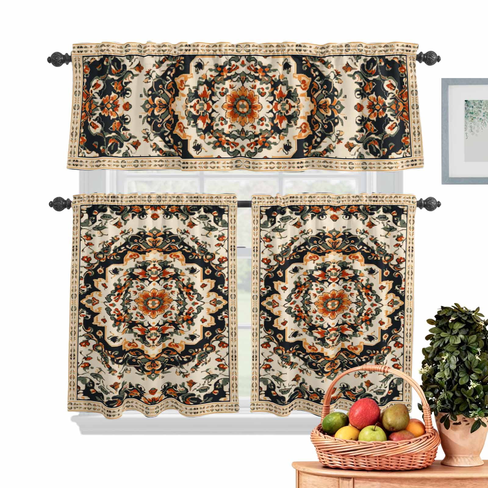 Bohemia Orange Floral Kitchen Curtains Valances 3 Piece Set, Vintage ...
