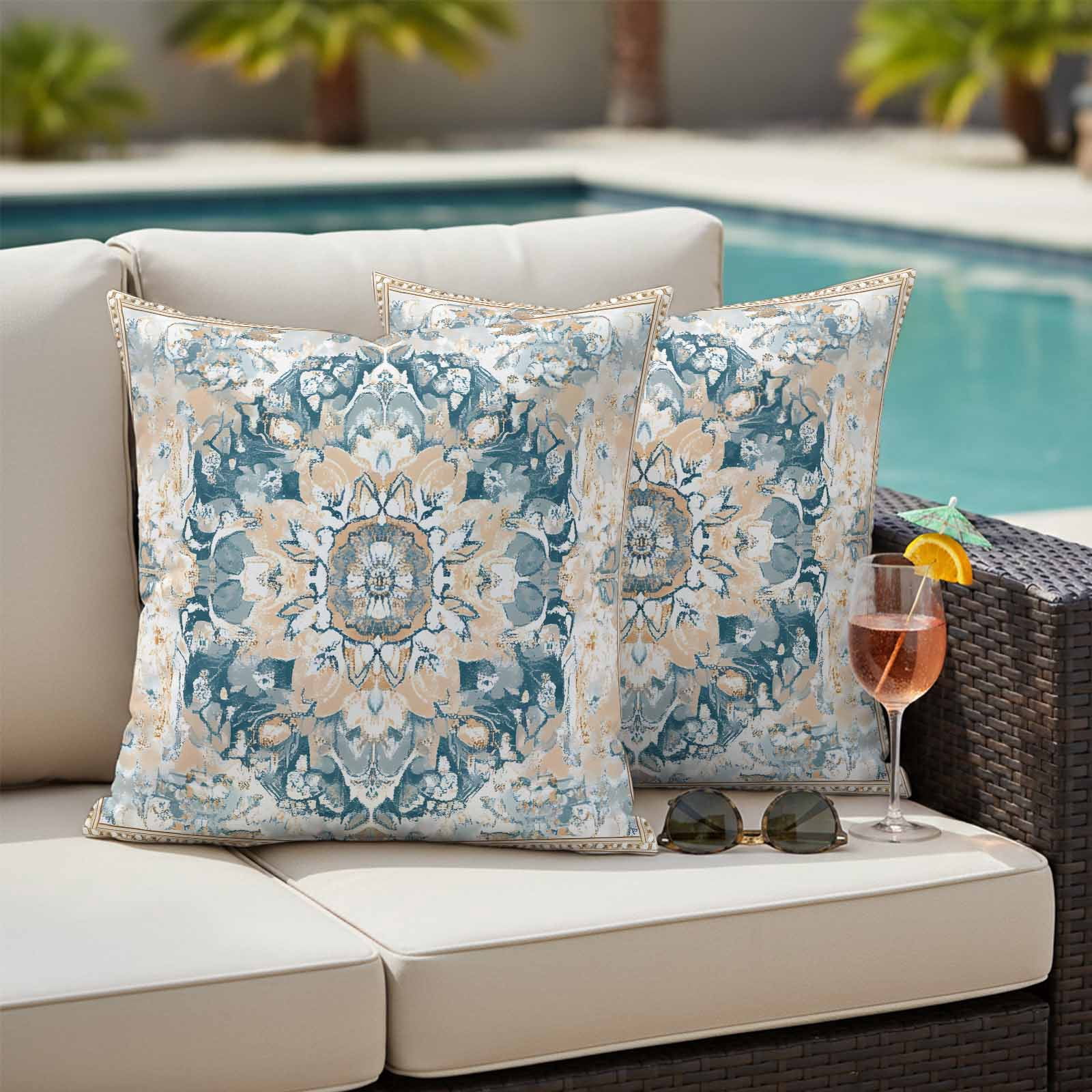 Bohemia Outdoor Waterproof Throw Pillow Covers Set of 2, 20"x20", Blue ...