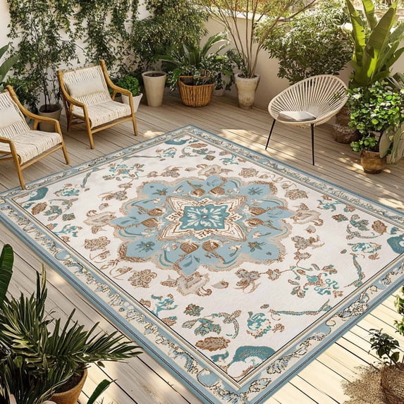 Bohemia Pattern Outdoor Rug, Blue Retro Boho Ethnic Farmhouse Flower ...