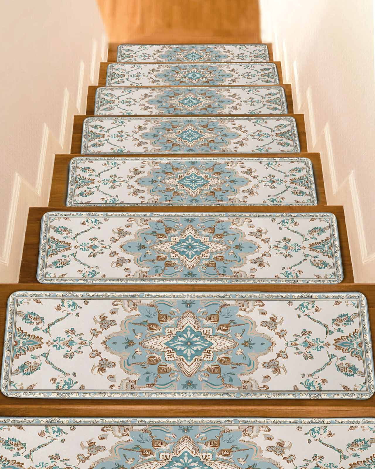 Bohemia Pattern Stair Treads Non Slip for Steps Blue Retro Boho Ethnic ...