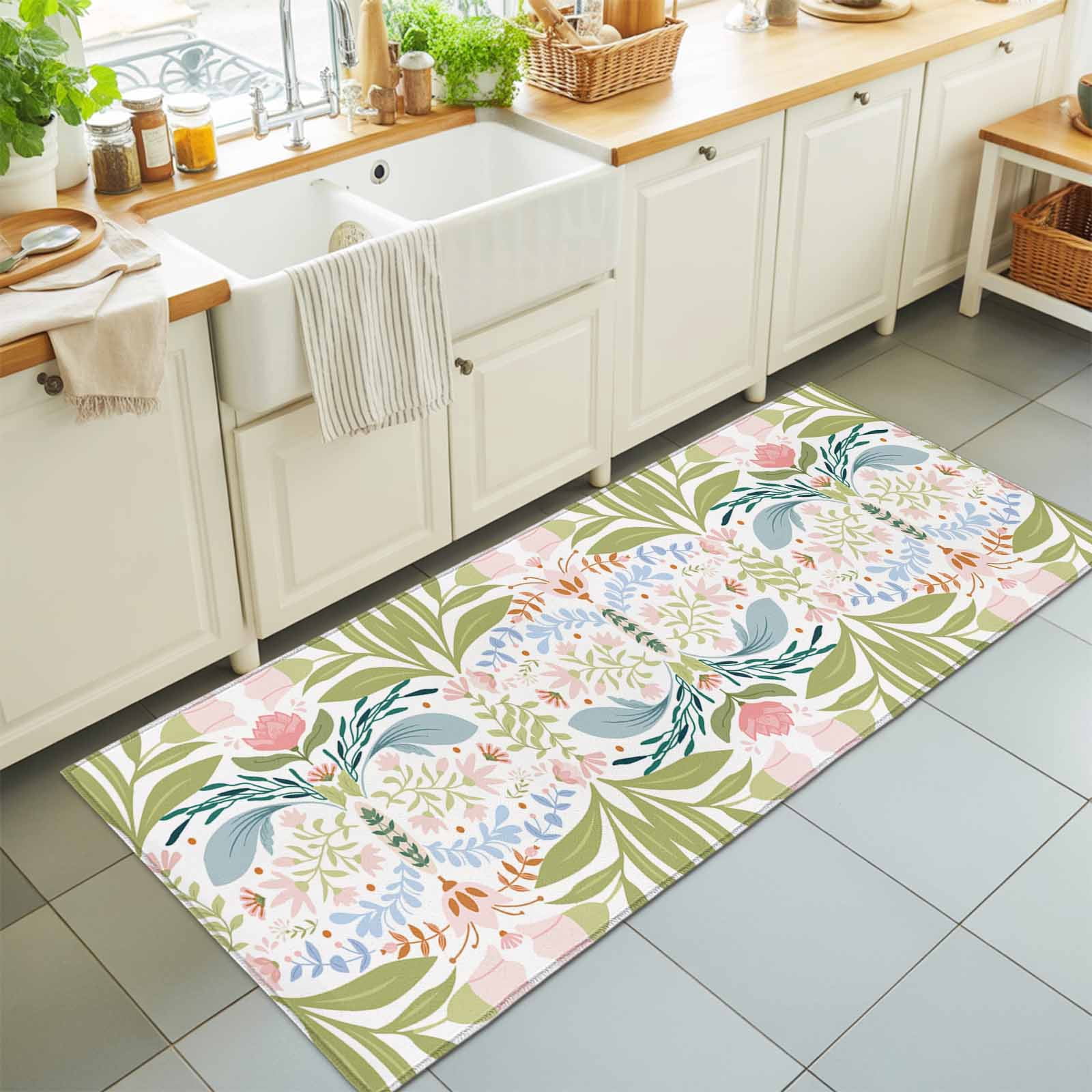 Bohemia Pink Flower Green Leaves Rectangle Area Rug 2x6ft,Living Room ...