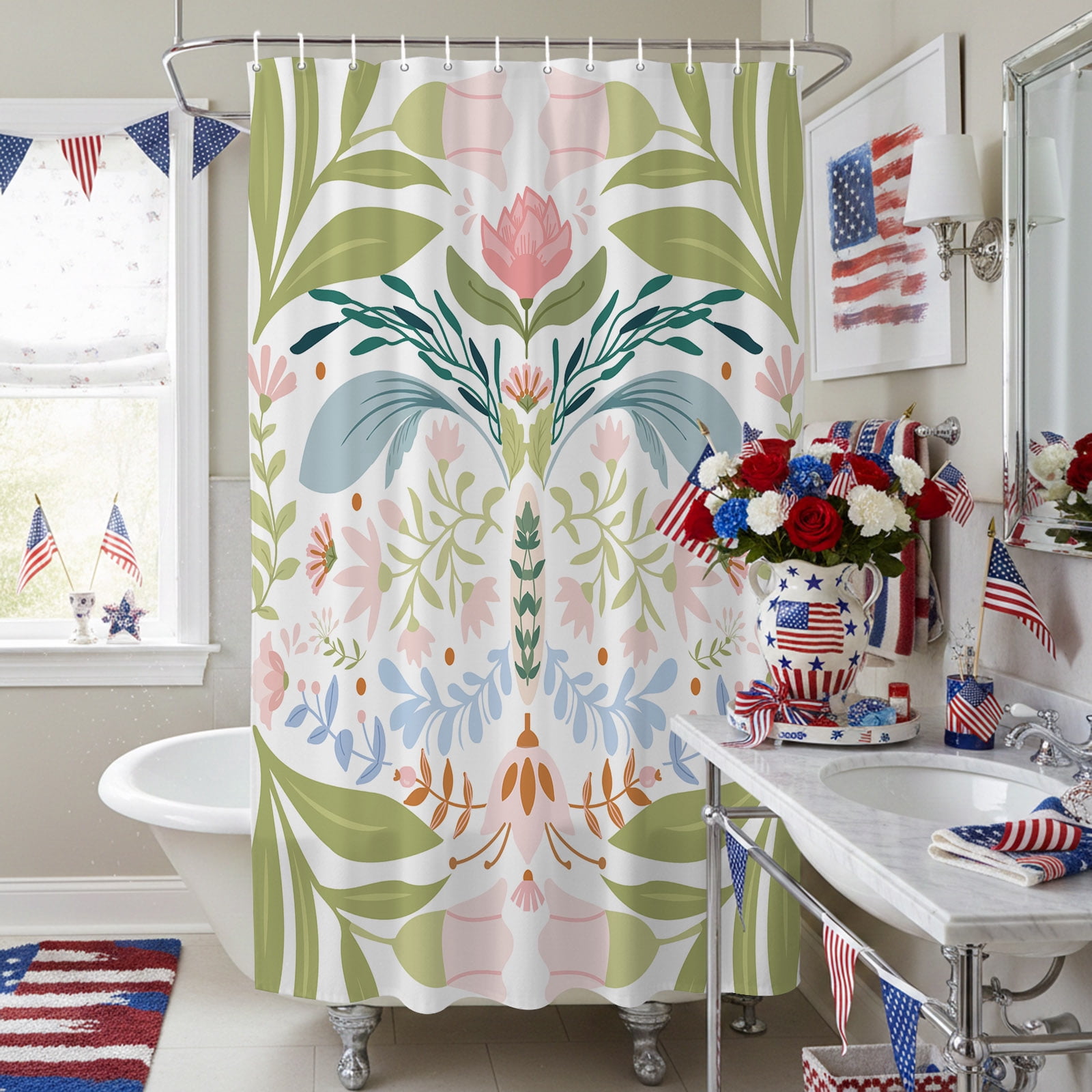 Bohemia Pink Flower Green Leaves Shower Curtain for Bathroom, Abstract ...