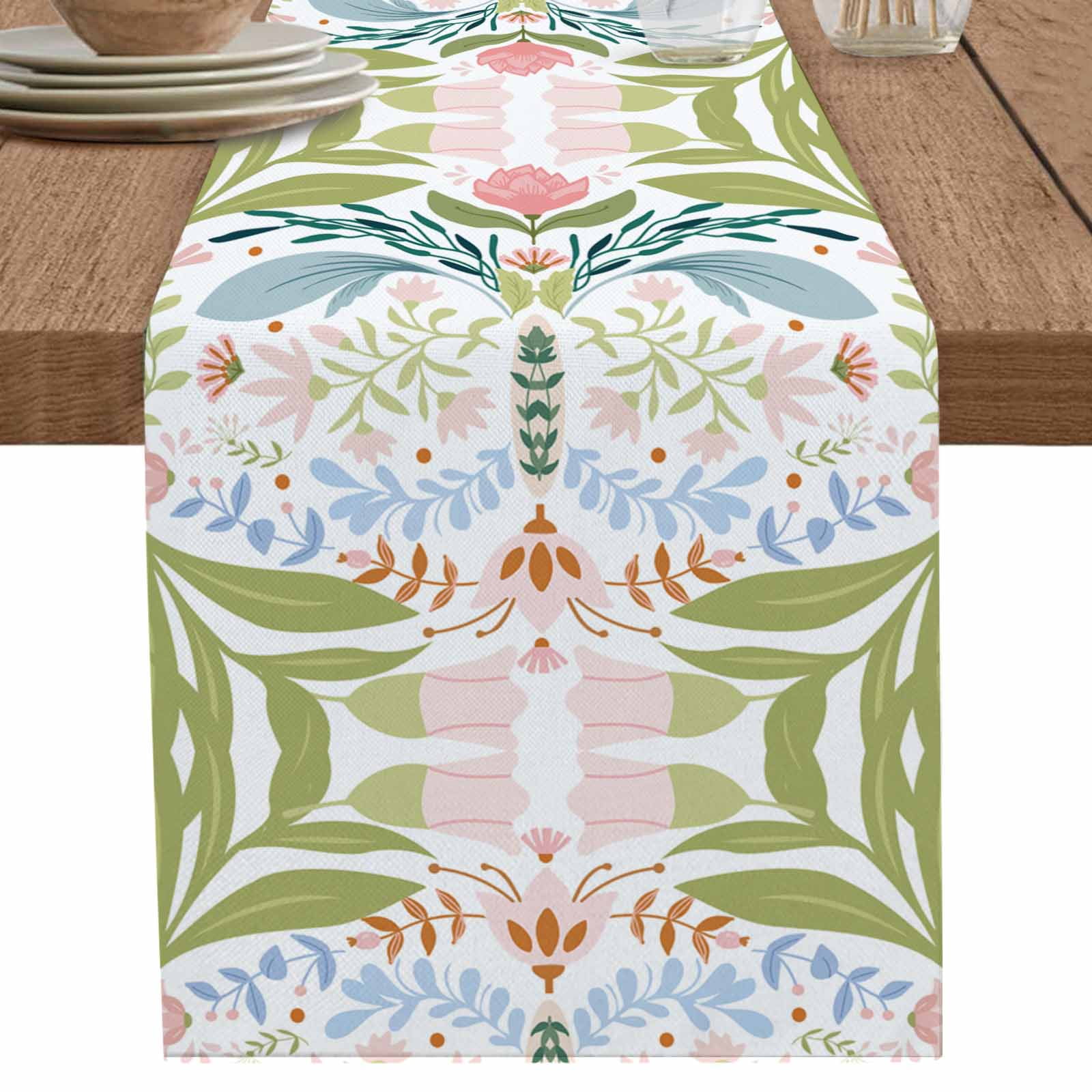 Bohemia Pink Flower Green Leaves Table Runner-70 Inch Long Abstract ...