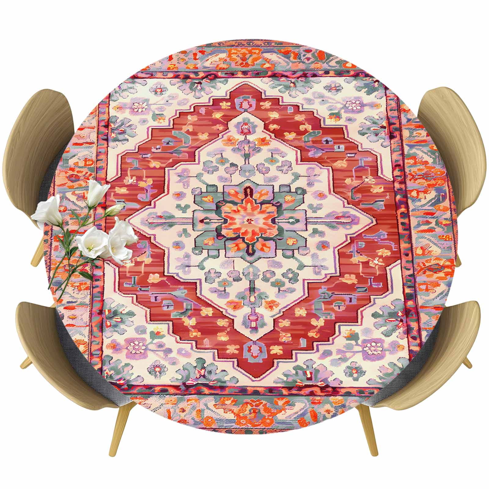 Bohemia Red Turkish Pattern Round Fitted Tablecloth with Elastic Edge ...