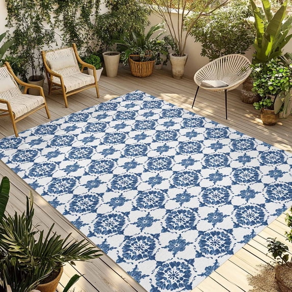 Bohemia Retro Style Outdoor Rug, Blue Southwest Ethnic Group Non-Slip ...