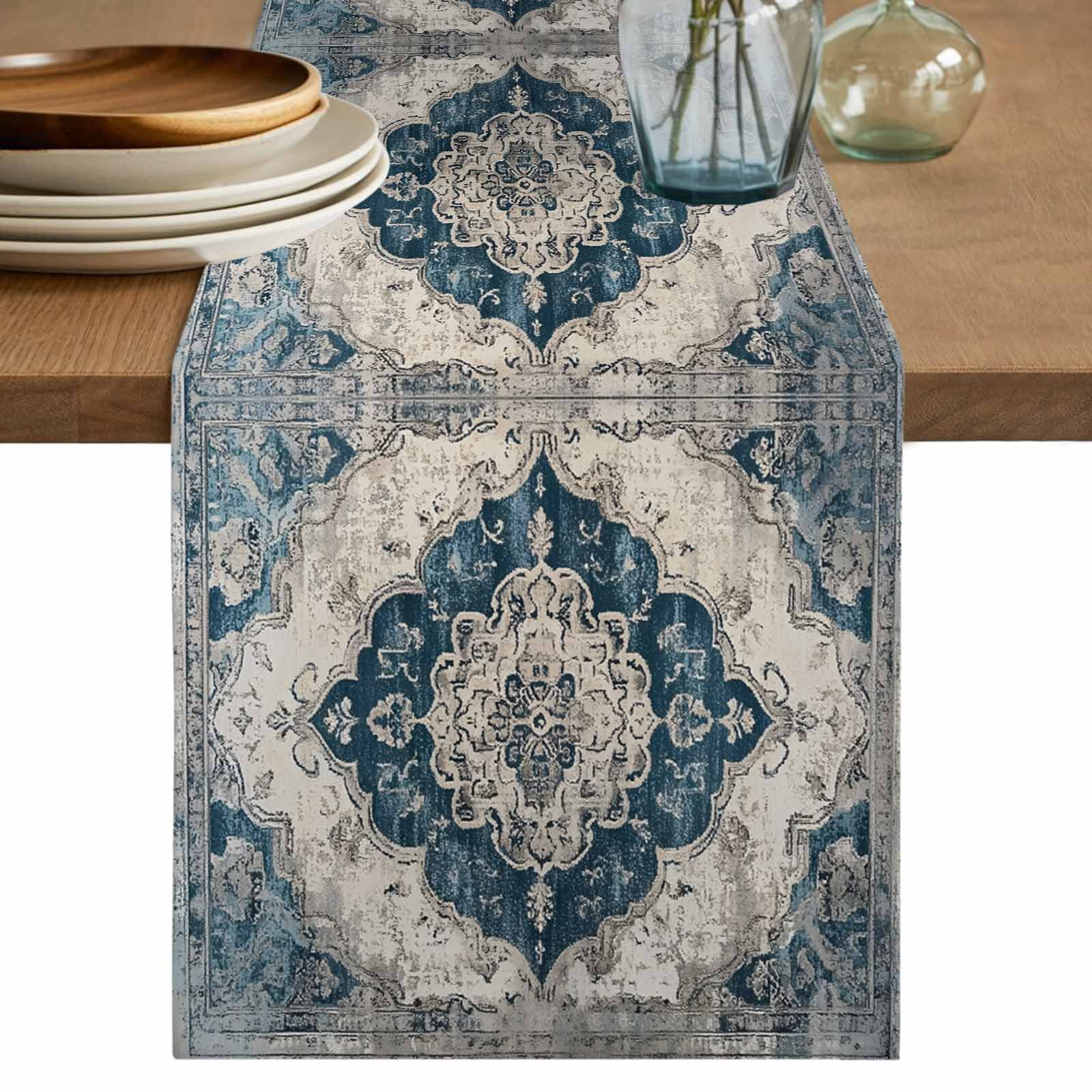 Bohemia Retro Table Runner, Blue Beige Vintage National Design Cotton ...