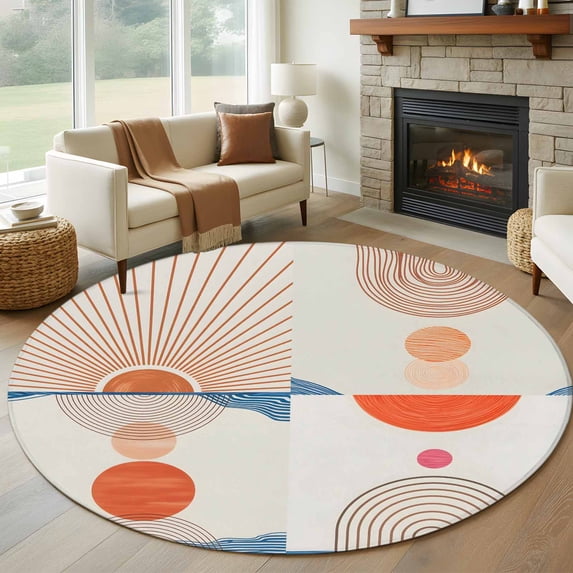 Bohemia Round Rug 8ft Washable Circle Rugs Non Slip Modern Abstract Art ...