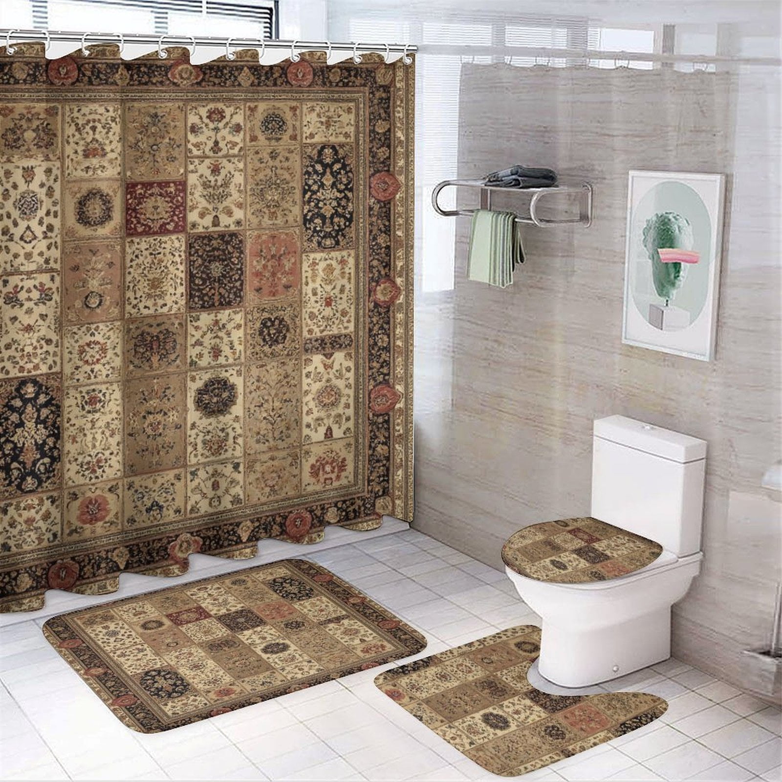 Bohemia Shower Curtain Set Waterproof Bathroom Toilet Seat Cover Bath ...