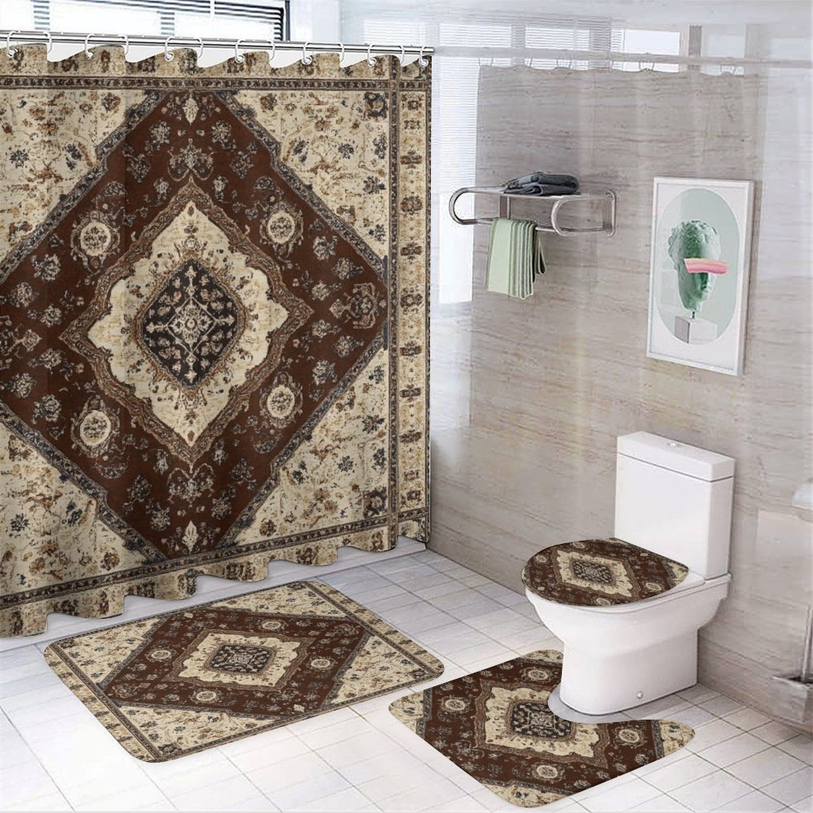 Bohemia Shower Curtain Set Waterproof Bathroom Toilet Seat Cover Bath ...