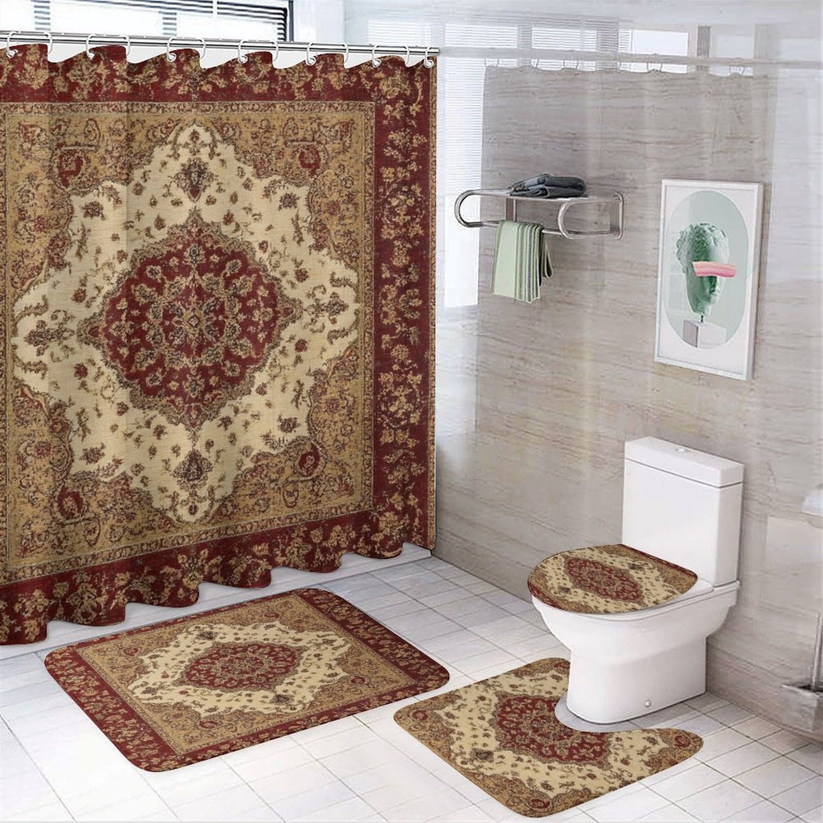 Bohemia Shower Curtain Set Waterproof Bathroom Toilet Seat Cover Bath ...