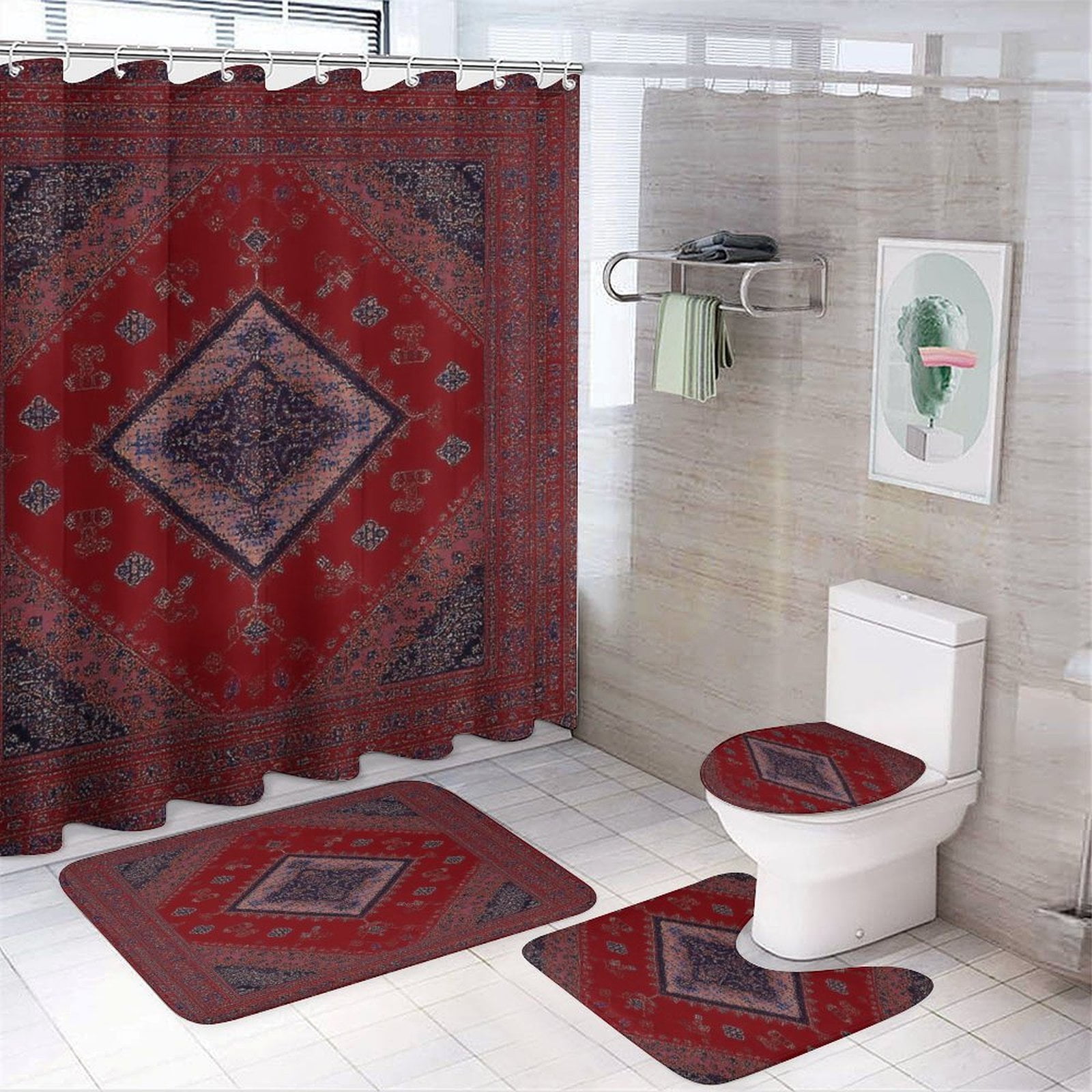 Bohemia Shower Curtain Set Waterproof Bathroom Toilet Seat Cover Bath ...