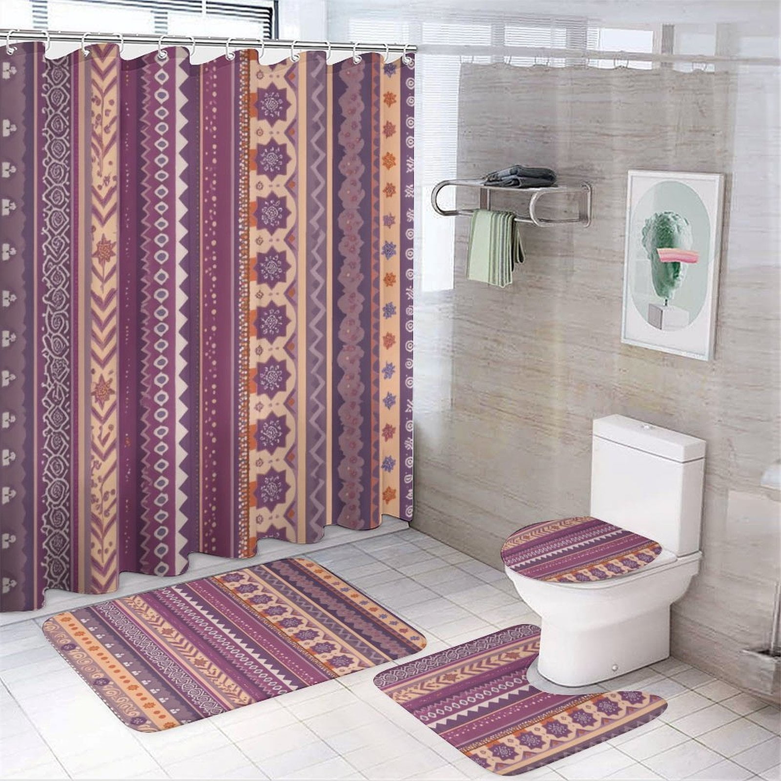 Bohemia Shower Curtain Set Waterproof Bathroom Toilet Seat Cover Bath ...
