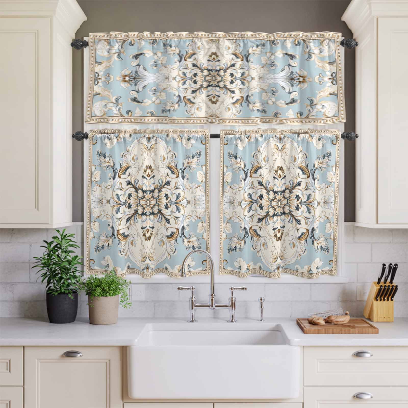 Bohemia Vintage Floral Pattern Curtain Tier and Valance Set 3 Piece ...