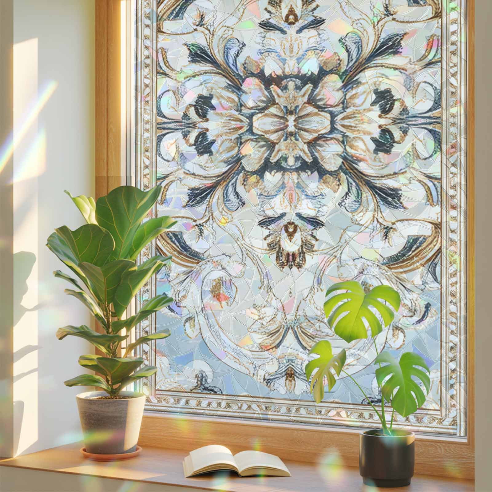 Bohemia Window Privacy Film, Vintage Boho Ethnic Farmhouse Blue Flower ...