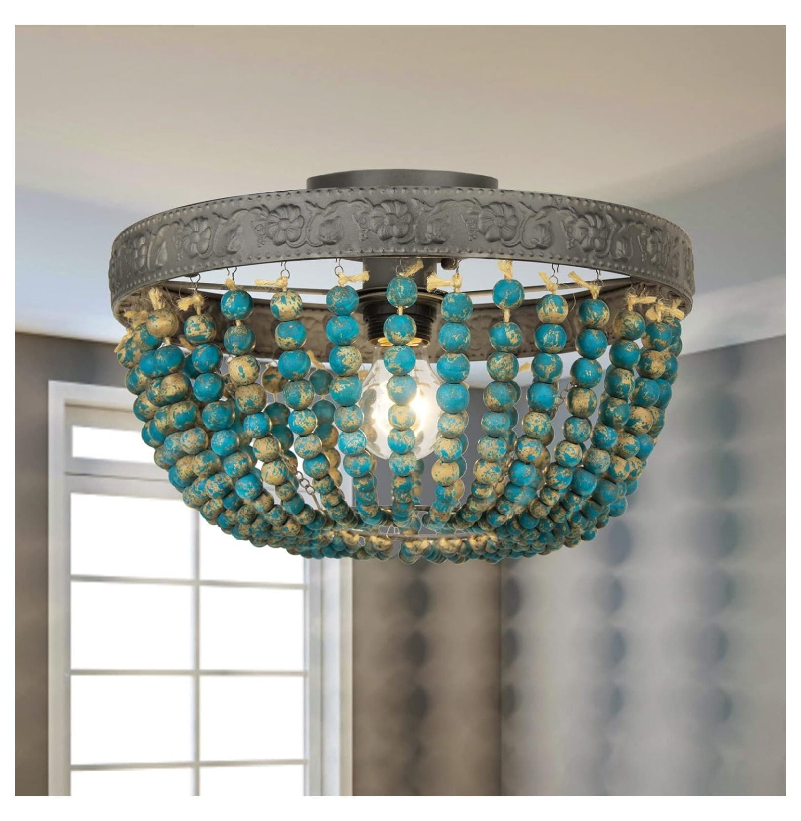 Bohemia Wood Beaded Flush Mount Ceiling Light Antique Rustic Pendant ...