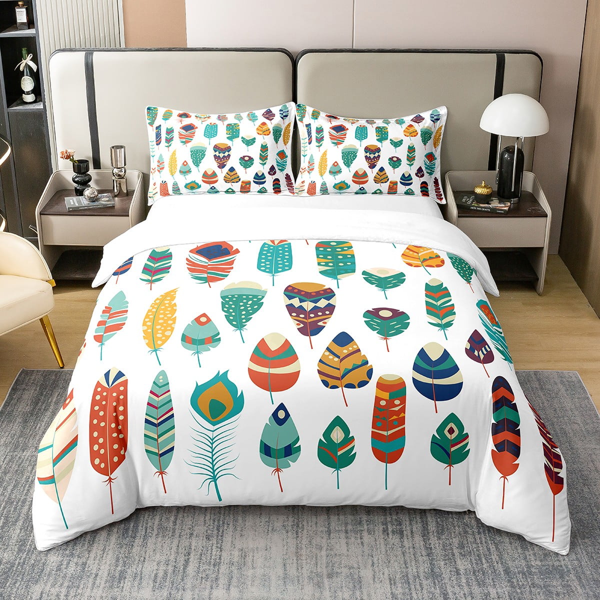 Bohemian 100% Cotton Duvet Cover Queen,Feather Bedding Set,Watercolor ...