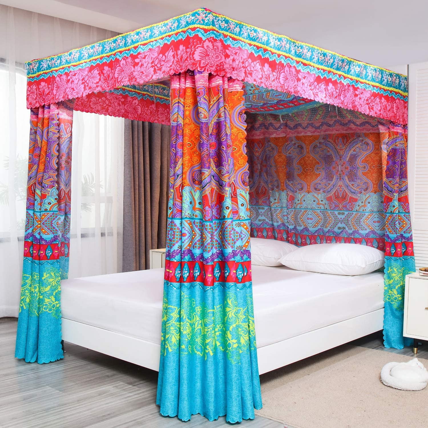 Bohemian 4 Corner Post Bed Curtain Canopy Bed Curtain Drapes for Adults Girls (Full, Red ...