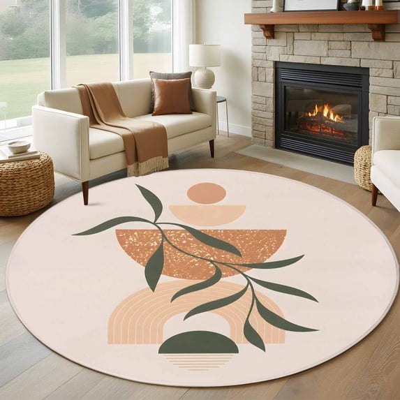 Bohemian 6FT Round Area Rugs for Living Room Abstract Green Leaf Beige ...