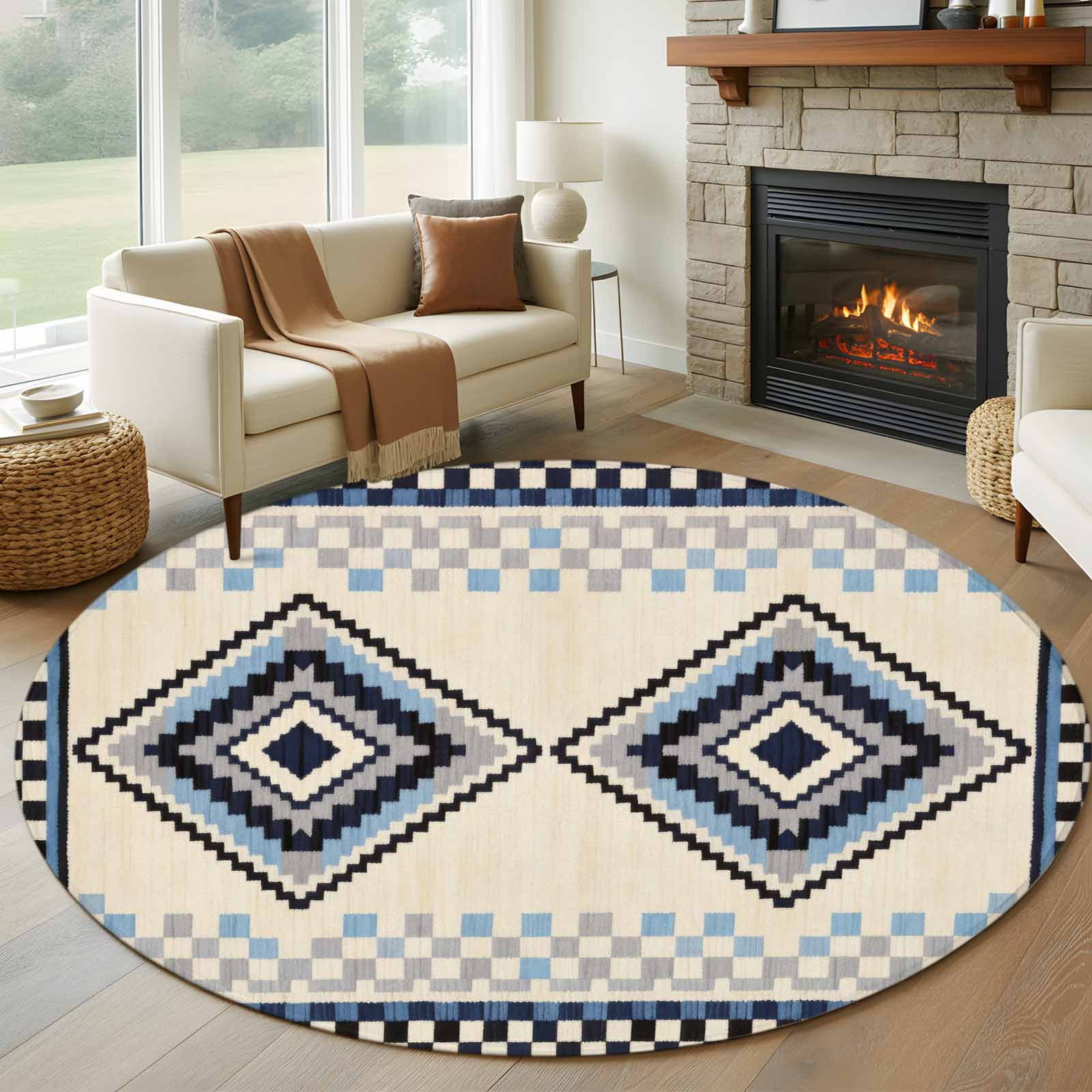 Bohemian 7FT Round Area Rugs for Living Room Retro Rhombus Tribal Style ...